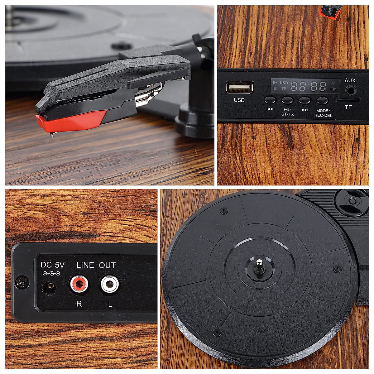 VOSTERIO Bluetooth Record Player, 3 Speed Turntable with Built-in Speakers, Retro LP Vinyl Player with BT Input & Output, FM Radio, USB & SD Card Recording, Aux in, LED Display