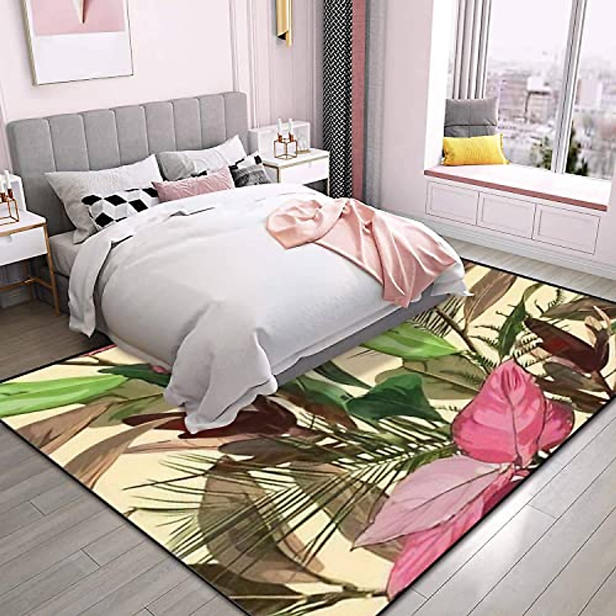 PeeNoke Floral Seamless Magnolia Branch Leucadendron Palm Leaves Leaves Area Rug Outdoor Patio Rug Play Mat Floor Mat Modern Carpet Non-Slip Home Decor Living Room Bedroom Nursery, 6x9 ft