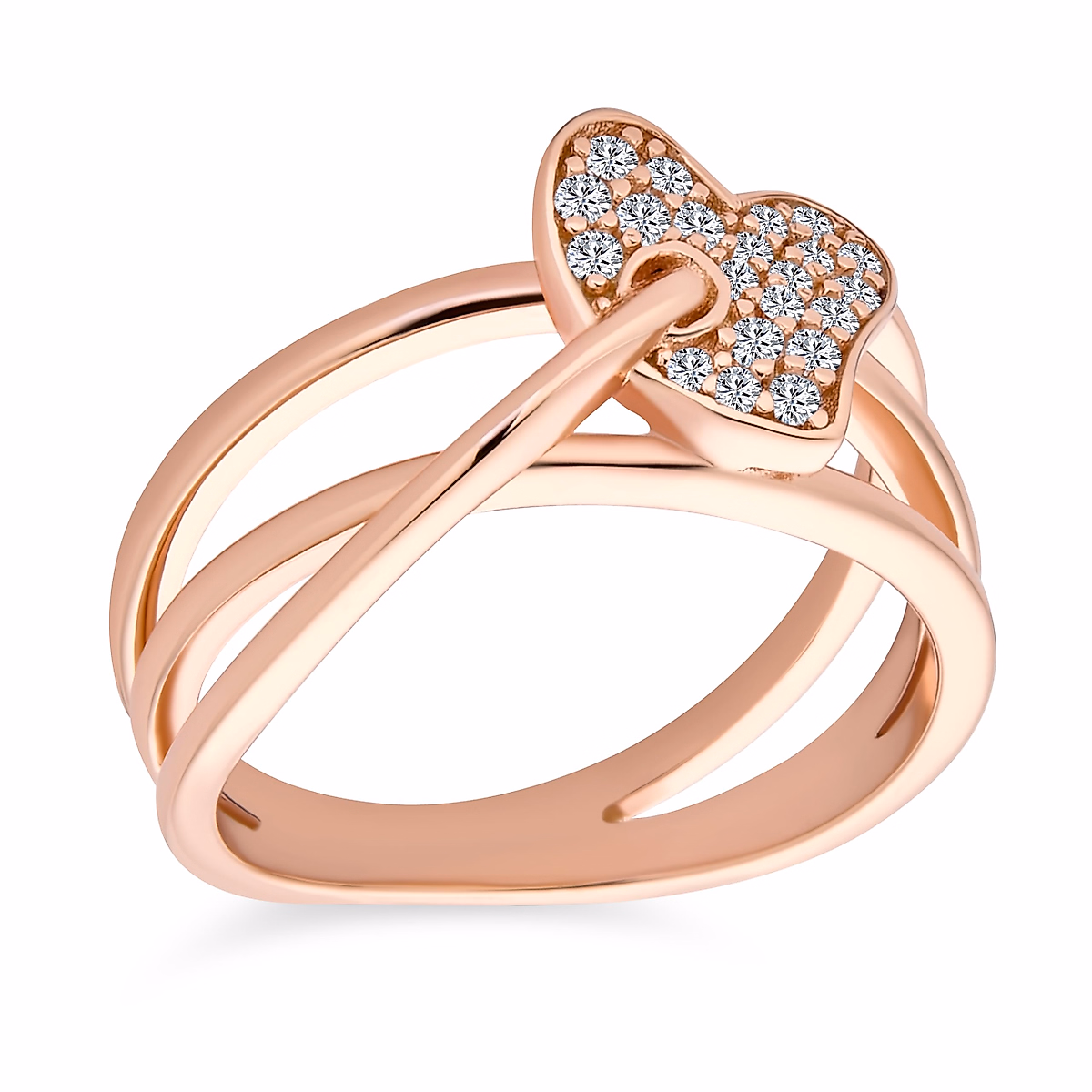 Romantic Pave CZ Accent Cubic Zirconia Crossover Intertwined Infinity& Heart Promise Ring For Women Rose Gold Plated .925 Sterling Silver