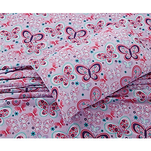 Better Home Style Pink Purple Lavender and Turquoise Blue Girls/Kids/Teens Sheet Set with Butterflies Flowers Floral with Pillowcases Flat and Fitted Sheets # Lavender Butterfly (Twin)