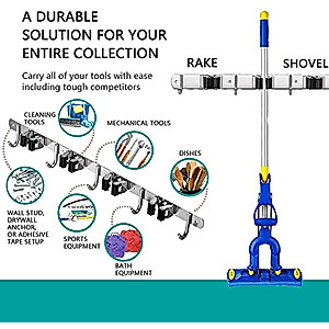 Zollyss Broom Mop Holder Wall Mount Stainless Steel Wall Mounted Storage Organizer Heavy Duty Tools Hanger with 5 Racks 4 Hooks for Kitchen Bathroom Closet Garage Office Garden-1Pc