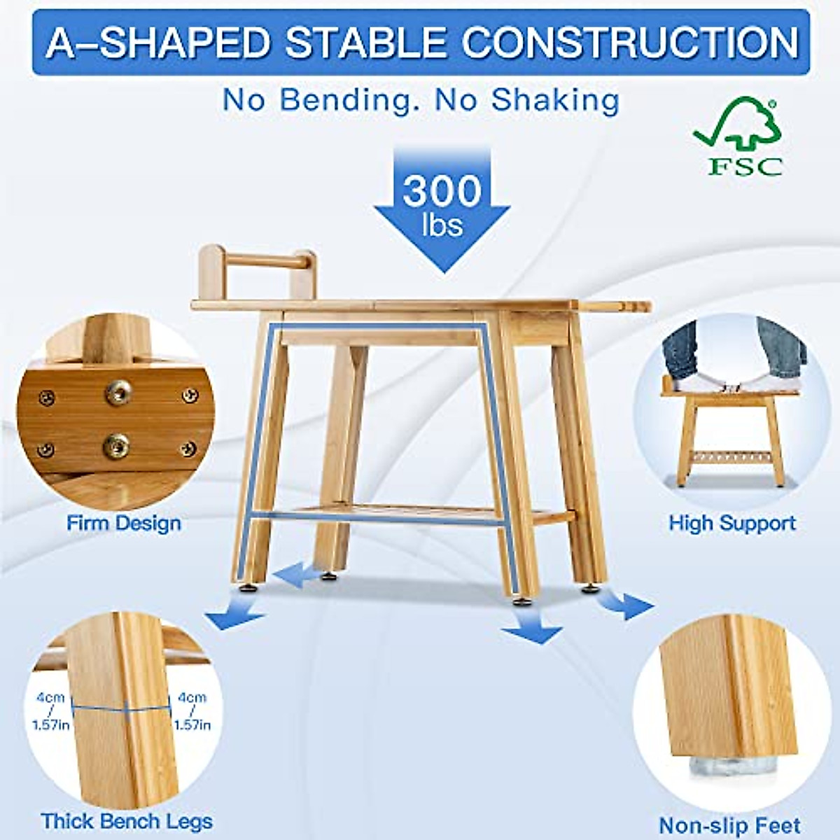 ETECHMART 2-Tier Bamboo Shower Bench, 24 Inch Spa Stool with Storage Shelf for Inside Shower Legs Shaving, Entryway or Bathroom, A-Shaped Shower Bath Seat for Seniors Adults Disabled Women, Natural