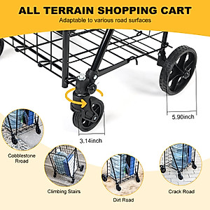 Realife Foldable Shopping Cart with Liner, Portable Utility Cart with Wheels for Grocery and Heavy Duty, 120lbs, Black