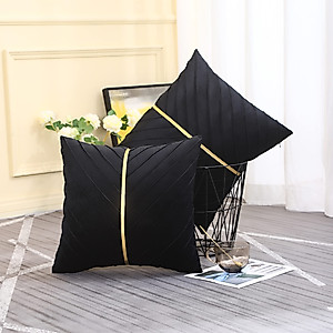Tosleo Black Velvet Throw Pillow Covers 18 x18 inch Pack of 2 with Gold Leather Decorative Couch Pillow Cover Luxury Modern Pillowcases for Wedding Living Room Bedroom Sofa Cushion Bed