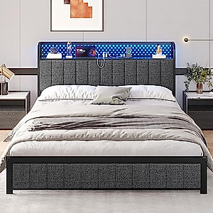 BTHFST Queen LED Bed Frame with Storage Headboard, Upholstered Metal Platform Bed Frame with USB Ports & Charging Outlets, No Squeak, Verticle Channel Tufting, Dark Gray