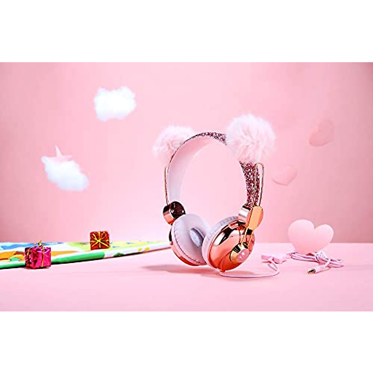 LOAKYO Kids Headphones for Girls, Cute Bear Ear Wired Girls Headphones with Microphone for School Travel Christmas Birthday Gifts (Pink)