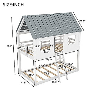 Polibi Twin-Over-Twin Wooden House Bed, Bunk Bed with Playhouse, Farmhouse, Ladder and Guardrails (White + Gray)