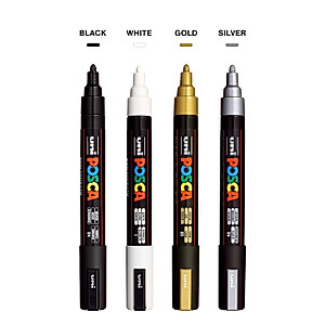 posca Markers Set, 4 Medium Paint Markers 5M – Mono Tones – Black, White, Gold, Silver