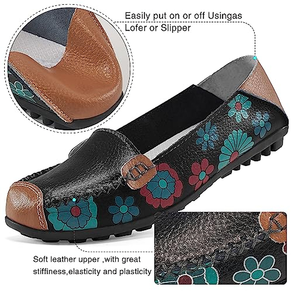 Ablanczoom Womens Loafers Flats Shoes: Women Comfortable Soft Floral Print Dress Loafer Casual Slip on Walking Driving Shoe Black