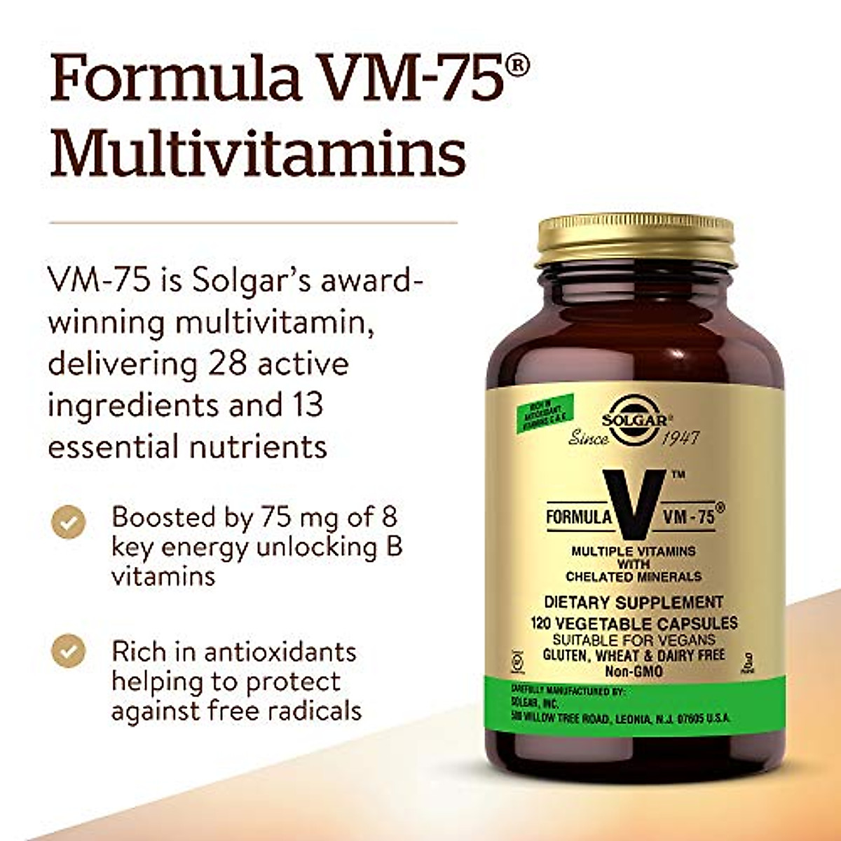 Solgar Formula VM-75, 120 Vegetable Capsules - Vitamin A, B6, B12, C, D, E - Biotin, Magnesium, Calcium, Copper, Iron, Zinc, Folic Acid, Niacin - Non-GMO, Vegan, Gluten Free, Dairy Free - 60 Servings