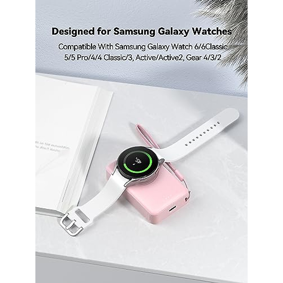 LVFAN for Samsung Galaxy Watch Charger 4000mAh, Fast Charging Portable Wireless Magnetic Charger for Samsung Galaxy Watch 6 Classic 5 Pro 4 3, Active 2/1, Gear S4/3, Travel Phone Emergency Power-Pink