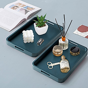 Enkrio 2Pcs Decorative Tray with Handles Rectangle Wooden Trays Blue Serving Trays for Home Coffee Table Candle Holder Decor