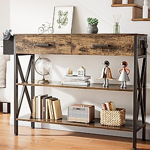 Gizoon 39" Console Table with 2 drawers, Industrial Entryway Table with 3 Tier Storage Shelves, Narrow Sofa Table for Entry Way, Hallway, Couch, Living Room, Kitchen, Rustic Brown