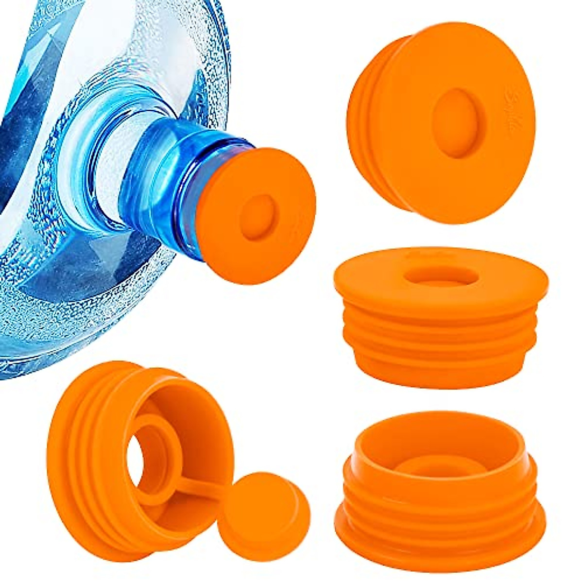 Sophico 5 Gallon Water Jug Cap, 55mm Water Bottle Caps, Silicone Reusable Bottles Lids Replacement, Non-Spill and Anti Splash (4 Pack, Orange)