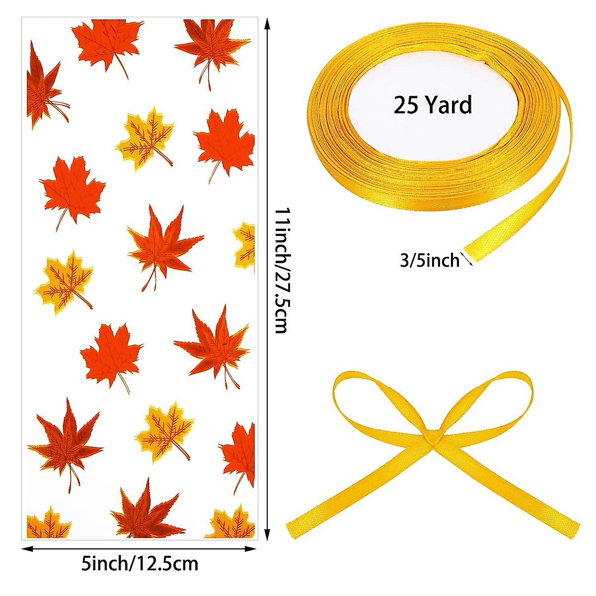 100 Pieces Fall Cellophane Bags Thanksgiving Halloween Party Favor Maple Leaf Cello Autumn Treat Bags with A Roll of Orange Ribbon for Chocolate Candy Cookies and Snacks