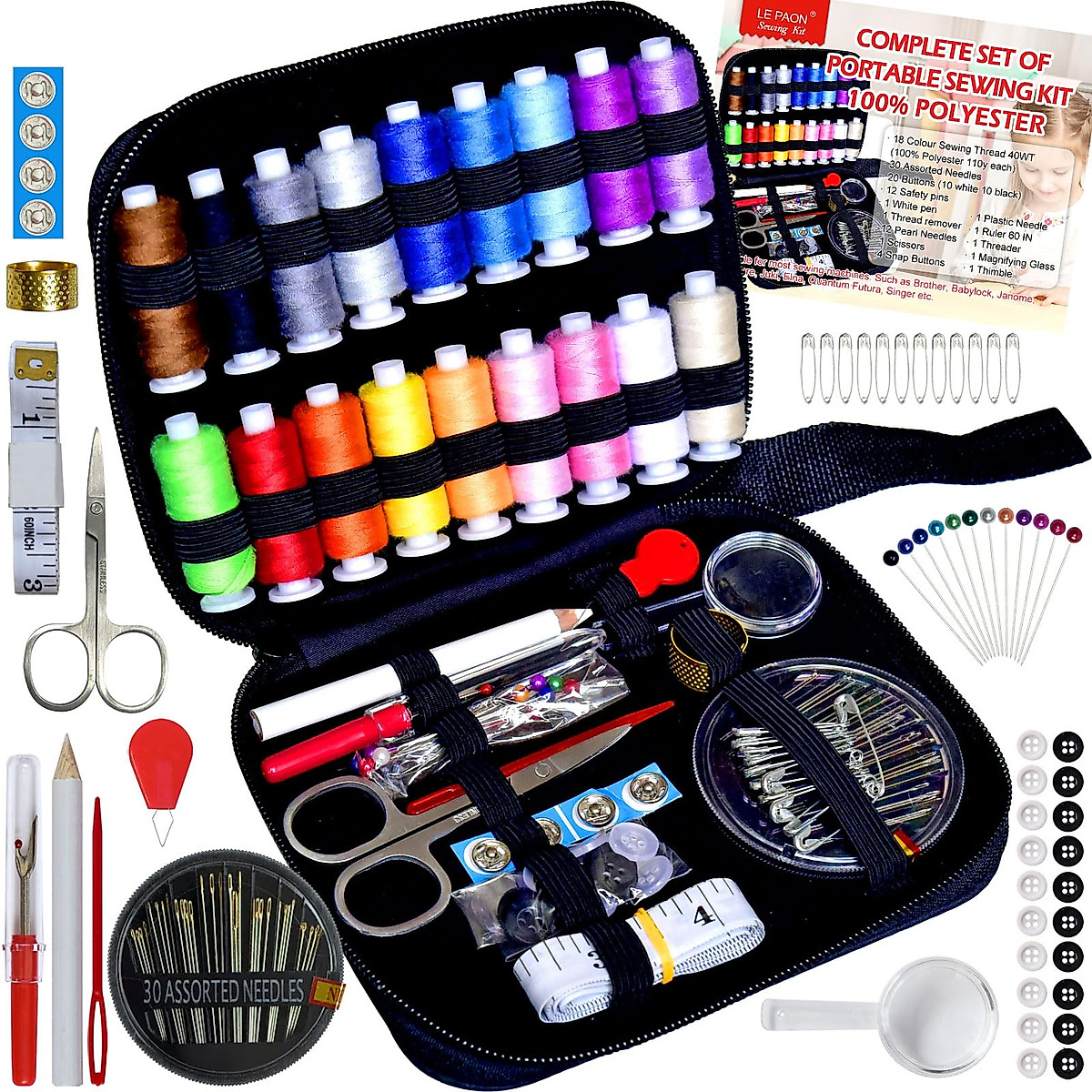Sewing Kit with Case Portable Sewing Supplies for Home Traveler, Adults, Beginner, Emergency, Contains 18 Sewing Thread, Scissors, Needles, Measure etc
