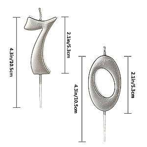 Silver 70th Birthday Candles for Cake, Number 70 7 Glitter Candle Party Anniversary Cakes Decoration for Kids Women or Men