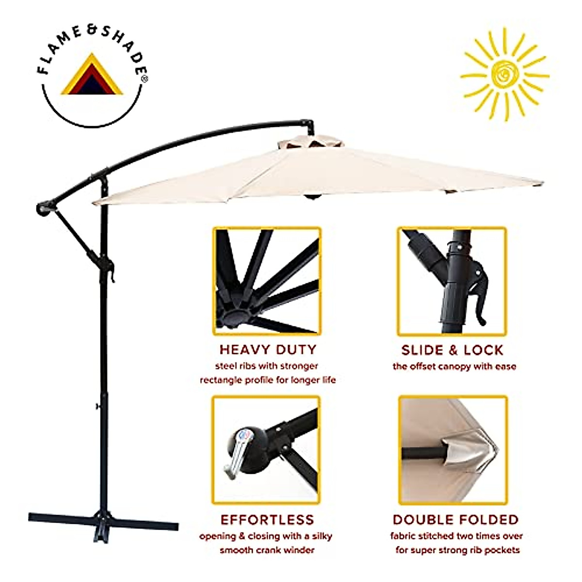 FLAME&SHADE 10 ft Cantilever Hanging Offset Outdoor Patio Umbrella with Base Stand - Beige