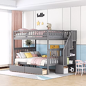 CITYLIGHT Full Over Full Bunk Beds with Stairs,Wood Full Bunk Beds with 2 Storage Drawers, Bunk Bed Full Over Full Size for Kids,Teens, Adults, No Box Spring Needed, Grey