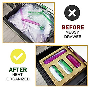 Bamboo Ziplock Bag Organizer for Drawer with Removable Lid | Ziplock Bag Storage Organizer | Ziplock Bag Organizer| 4 Compartments Plastic Bag Organizer | Wooden Baggie Organizer | 12 x 12 x 3-inch