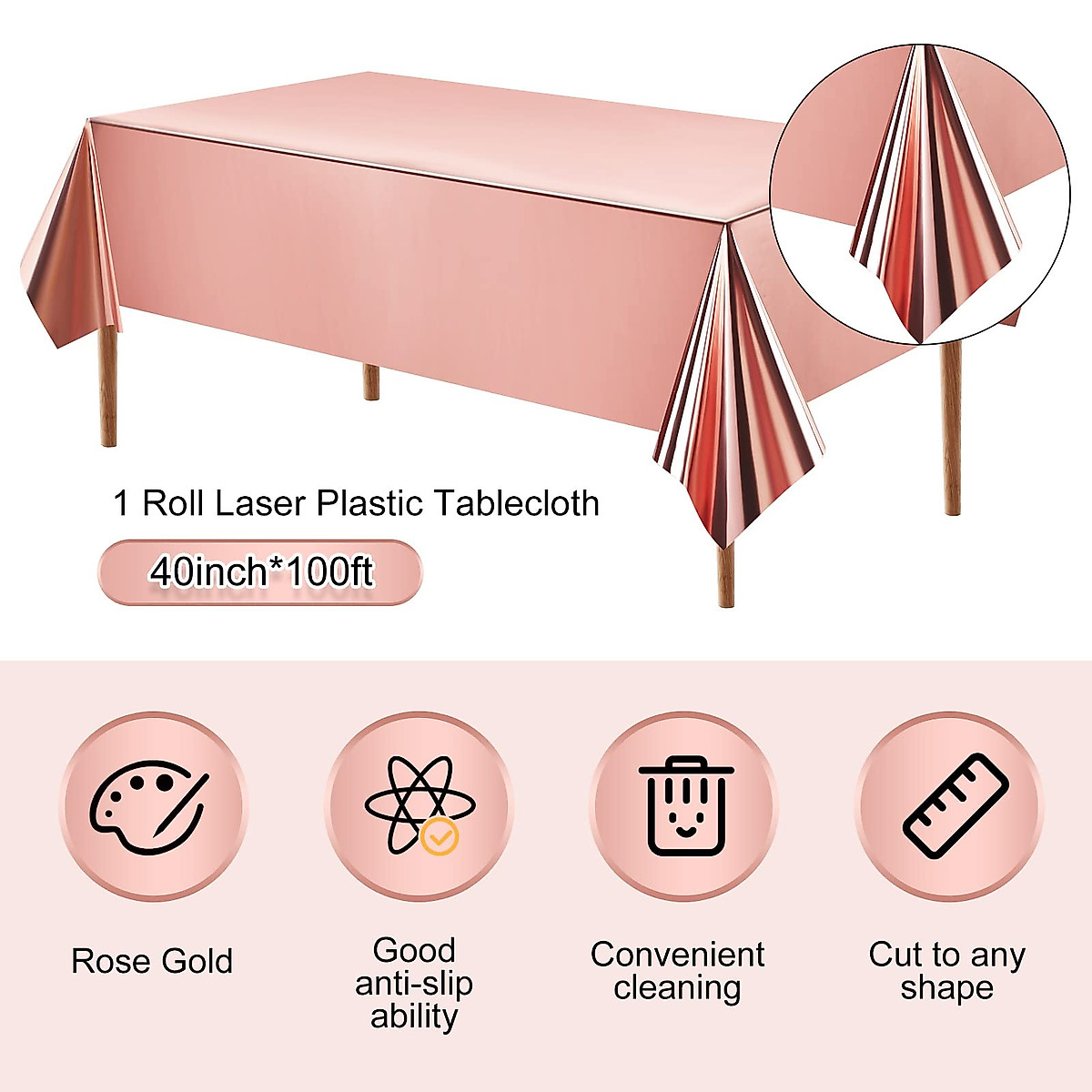 Kinlop 40 Inch x 100 ft Plastic Laser Tablecover Roll Disposable Iridescent Tablecloth Roll Iridescence Rectangle Holographic Foil Tablecloth for Disco Wedding Birthday Bridal Party (Rose Gold)