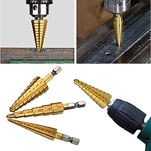 Sinoprotools Step Drill Bit & Automatic Center Punch,3pcs HSS Titanium Step Drill Bit Set, Quick Change 1/4" Shank Step Bit,Unibit Step Bits for Plastic, Wood, Sheet Metal Hole Drilling