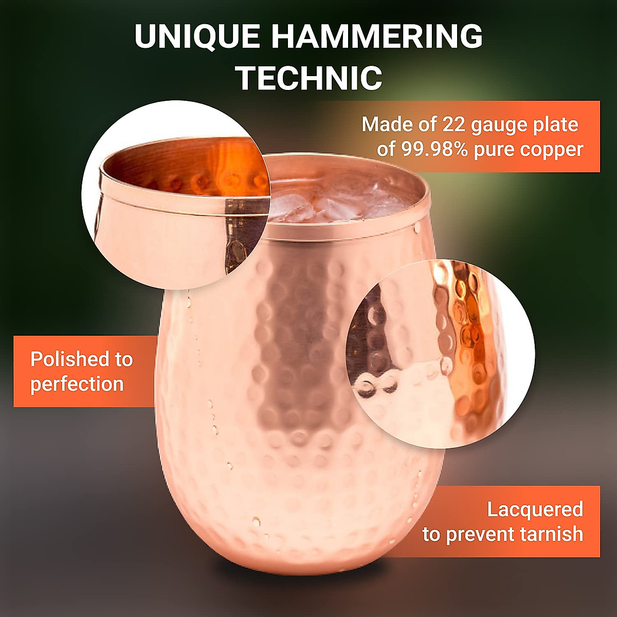 Copper wine glasses set of 4 – 17oz gleaming 100% solid hammered copper stemless wine cups – Valent for men and women – great copper tumblers for red or white wine and Moscow mules.