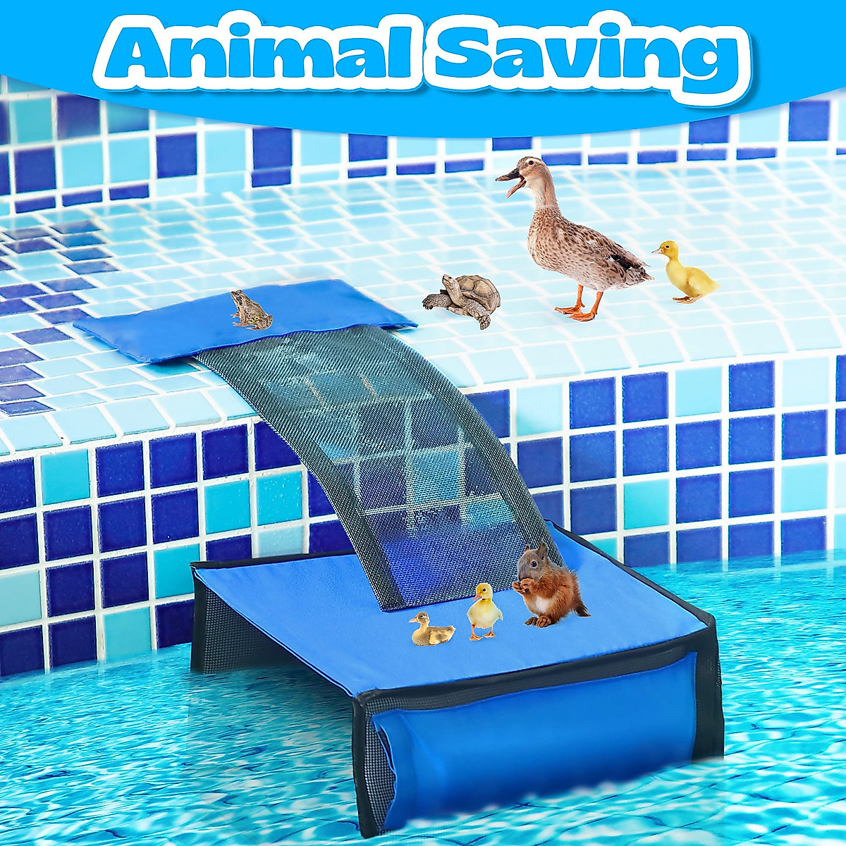 Swimming Pool Net Leaf Liberate Hands Skimmer with Animal Saving Escape Ramp, Heavy Duty Pool Leaf Fine Mesh Cleaning Net Skimmer, Rescue Pool Critter Saver Floating Ramp Accessories (Dark Blue)