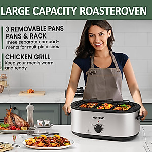 Roaster Oven 24QT, Electric Roaster Pan with 3 Compartments and Self-Basting Lid, Large Stainless Steel Electric Turkey Roaster Oven Defrost Warm Function, Removable Pan Rack, Fits Turkeys Up to 28LB