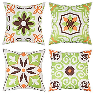 Pyonic Outdoor Waterproof Throw Pillow Covers Boho Pillow Covers 18x18 Decorative Green Garden Cushion Sham for Patio Furniture Tent Couch Park Set of 4,Light Green