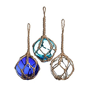 Japanese Glass Fishing Floats Ball - 2" Aqua Cobalt and White (3 Pack) - Glass Buoys With Rope - Japanese Glass Floats - Fishing Float Glass Float Balls - Glass Ball Float Decor - Nautical Glass Balls