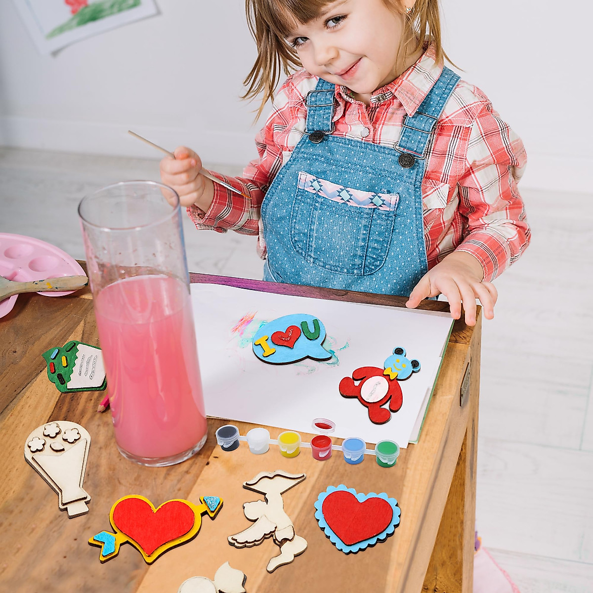 JOYIN 12Pcs Valentines Day Wooden Magnet Painting Craft Tools for Kids Paint Your Own Wood Magnets for Kids 4-8 Creativity Arts & Crafts Painting Tools Birthday Parties, Family Crafts Classroom Prize