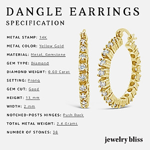 Jewelry Bliss 14k Yellow Gold Hoop Earrings With Diamond. Real Diamond Jewelry, Diamond Hoop Earrings for Women, April Birthstone (Dia: 3/4 Carats) Anniversary, Valentine's, Mother's day, Wedding