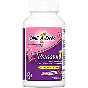 ONE A DAY Women's Prenatal 1 Multivitamin, Supplement for Before, During, and Post Pregnancy, Including Vitamins A, C, D, E, B6, B12, and Omega-3 DHA, 90 Count (Packaging May Vary)