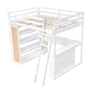Bellemave Full Loft Bed with Desk and 6 Storage Shelves, Wood Loft Beds Frame with Bookcase and Writing Board, Modern High Loft Bed for Kids Boys Girls Teens, Full Size, White, White With Shelves