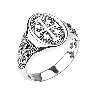 Religious Jewelry 925 Sterling Silver Jerusalem Cross Unisex Ring with Fleur De Lis (Size 7)