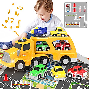 BELLOCHIDDO Toddler Toys Car for 2 3 4 5 6 Year Old Boys - STEM Educational Construction VehicleToys with Play Map - Transport Carrier Truck for Kids with Light Sound, Gift Car Toys for Toddlers 1-3