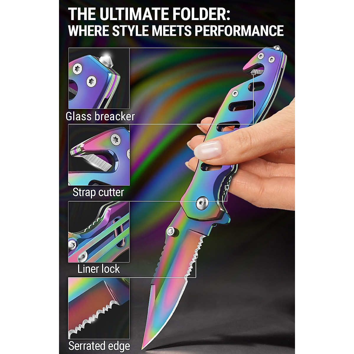Rainbow Pocket Knife - Legal Knife with Glass Breaker Seatbelt Cutter - 2.68 Inch Serrated Blade - Cute Womens Knives - Cool Small Folding Knife for Self Defense - Birthday Gifts for Women - 6655 R
