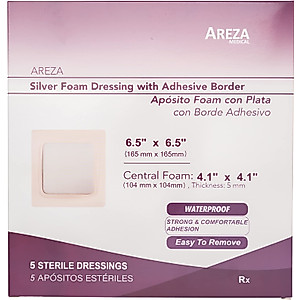 Silver Foam Dressing with Border 6.5″ X 6.5″ Central Foam 4.1" x 4.1" Sterile 5 Dressing per Box (1)