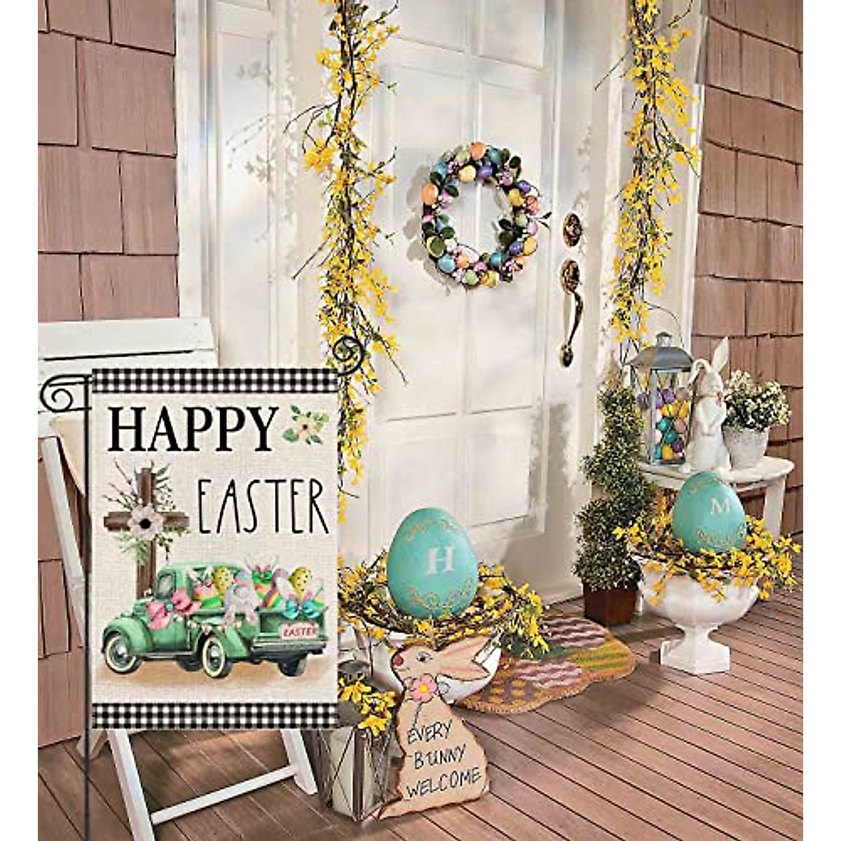 Happy Easter Garden Flag 12x18 Inch Double Sided Buffalo Plaid with Truck Cross Rabbit Eggs,Small Yard Flag for Outside Farmhouse Holiday Spring Outdoor Decor