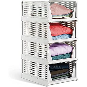 4-Pack Foldable Wardrobe Storage Box,Stackable Clothes Drawer Organizer,Closet Container Bin,Plastic Closet Organizer Basket,Collapsible Large Capacity Shelves Storage Bin for Office, Kitchen, Bedroom(White)