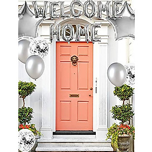 JumDaQ Welcome Home Letter Balloon Banner with Star Confetti Balloons for Home Family Party Decorations( 24 Pack) (Silver)