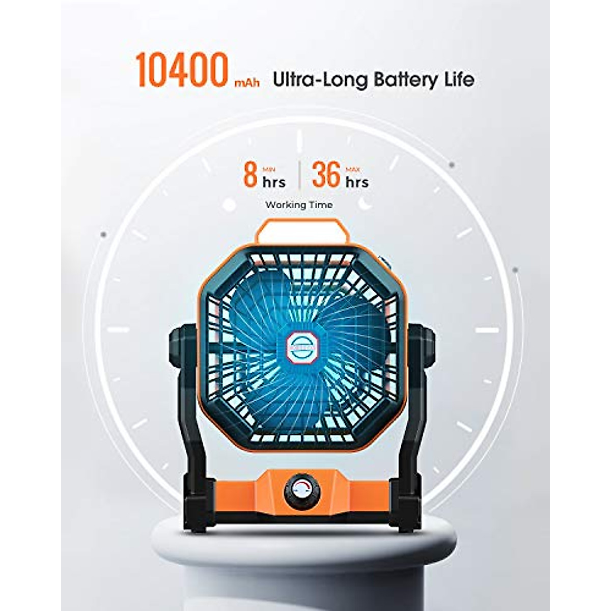 Drchop Portable Fan Rechargeable, 10400mAh Battery Operated Powered Fan, Outdoor Camping Fan with Light & Hook, Personal USB Desk Fan, for Bedroom, Table, Home, Office, Tent, Travel (Classic Orange)