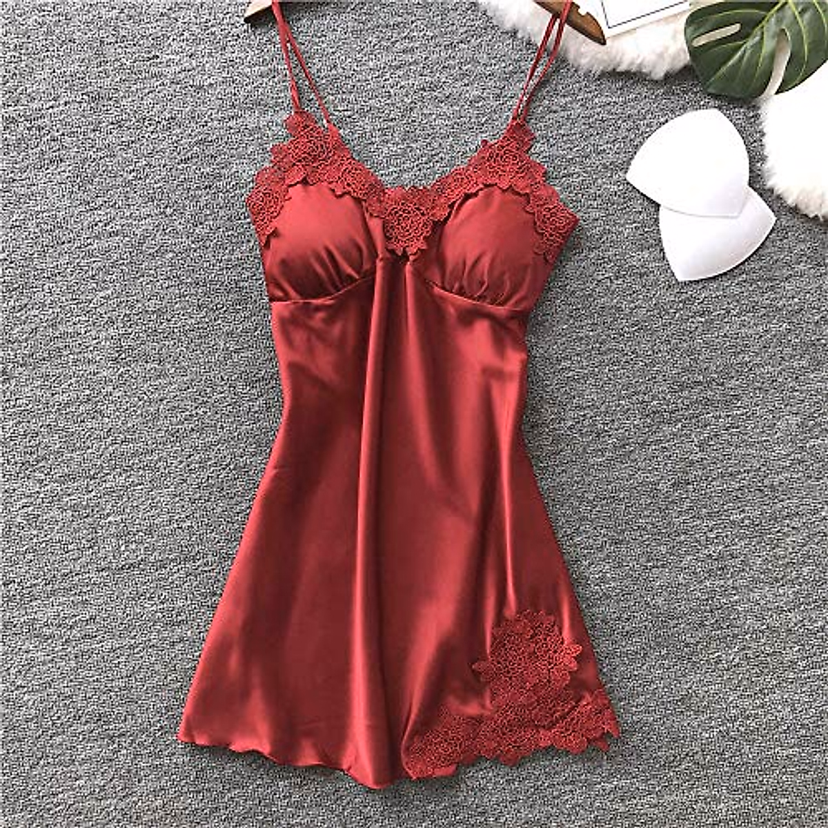 Aniywn Sexy Sleepwear Women's Spaghetti Strap Lace Trim Satin Full Slip Dress Lingerie Chemise Nightgowns Babydoll Dress Wine