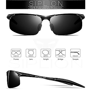 SIPLION Men's Polarized Sport Sunglasses - Ultra-Light Al-Mg Metal Frame for Driving boating fishing hiking - 8177 Black