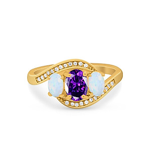 Blue Apple Co. Amethyst CZ Yellow Tone Size-6 Art Deco Three Stone Ring Oval CZ Twisted Bypass Ring 3-Stone Swirl Wedding Engagement Rings For Women 925 Sterling Silver Gifts For Her