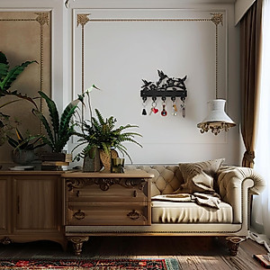 MAYJOYDIY Wood Bird Flower Coat Rack Wall Mounted 11.8×7.9inch Self-Adhesive Hummingbird Key Holder for Wall Black Birds Hooks Wall Art Decor 5 Alloy Hooks for Entryway Living Room Camping Gift