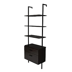 Industrial Bookshelf with Wood Drawers and Matte Steel Frame,Wood Metal Ladder Bookshelf, Industrial 5-Tier Black Bookcase with Storage Cabinet,for Living Room, Shelves for Storage Bedroom