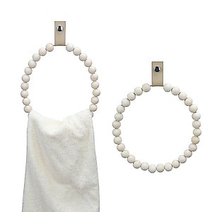 2PCS Towel Rack Handmade Wooden Bead Towel Ring Wall Mounted Farmhouse Hand Towel Holder for Bathroom Decor