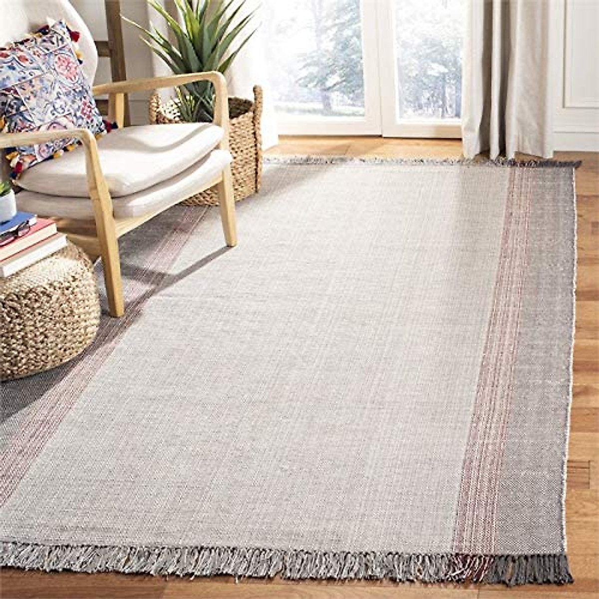 SAFAVIEH Montauk Collection 8' x 10' Wine/Grey MTK301S Handmade Flatweave Boho Farmhouse Cotton Stripe Fringe Living Room Dining Bedroom Area Rug